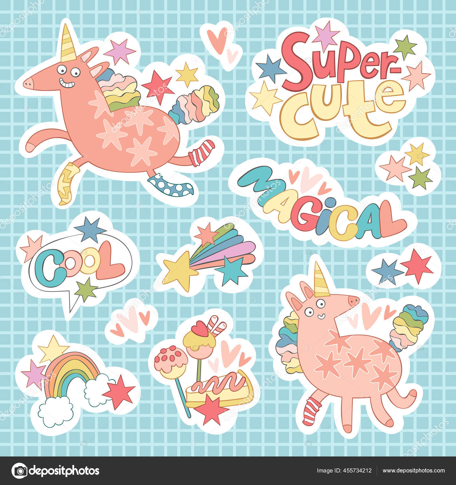 Set Magic Cute Stickers Funny Cartoon Unicorns Lettering Super Cute ...