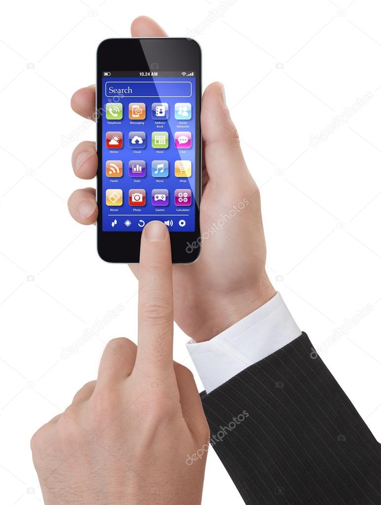 Hands using a generic smartphone with apps screen — Stock Photo ...