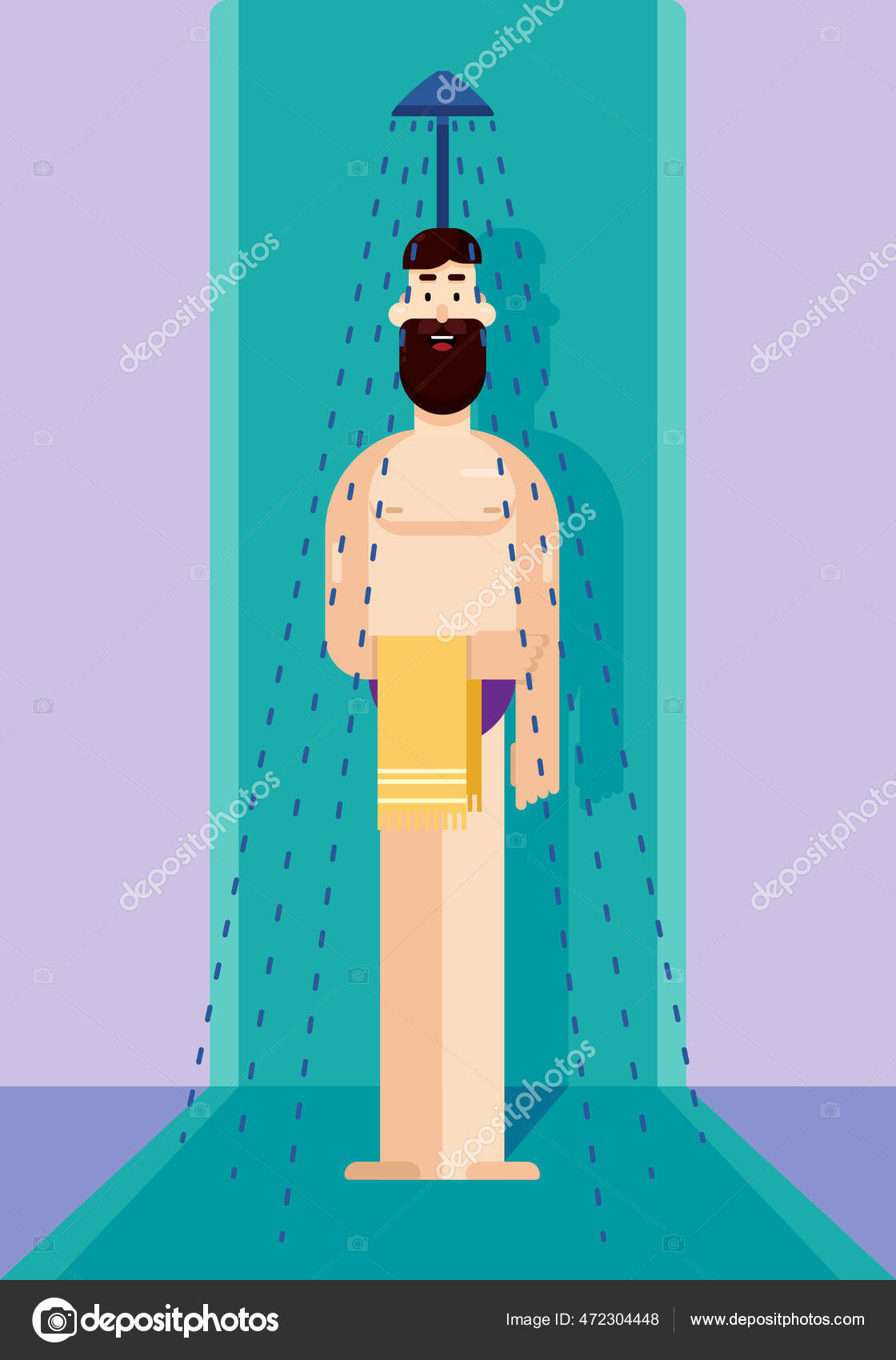 Flat Vector Illustration Man Taking Shower Adult Man Towel His Stock