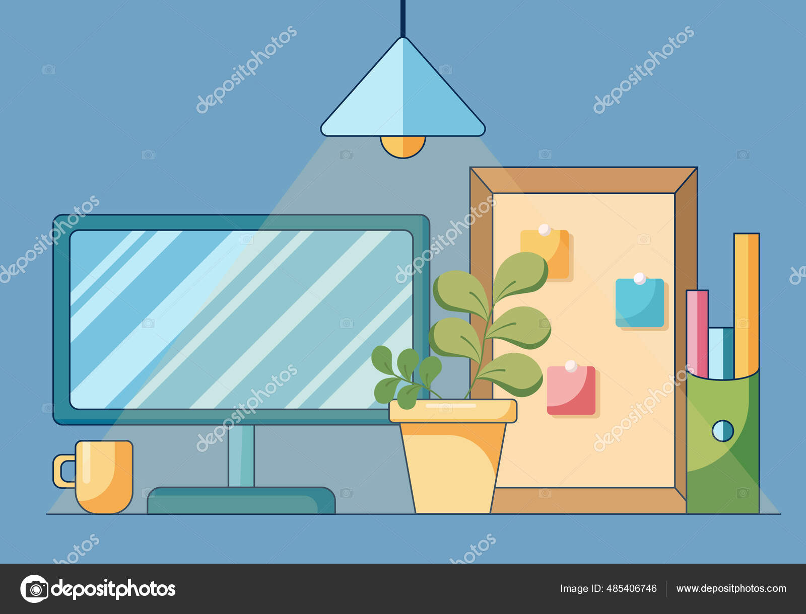 Cartoon home office work or study online at computer. Concept of remote ...