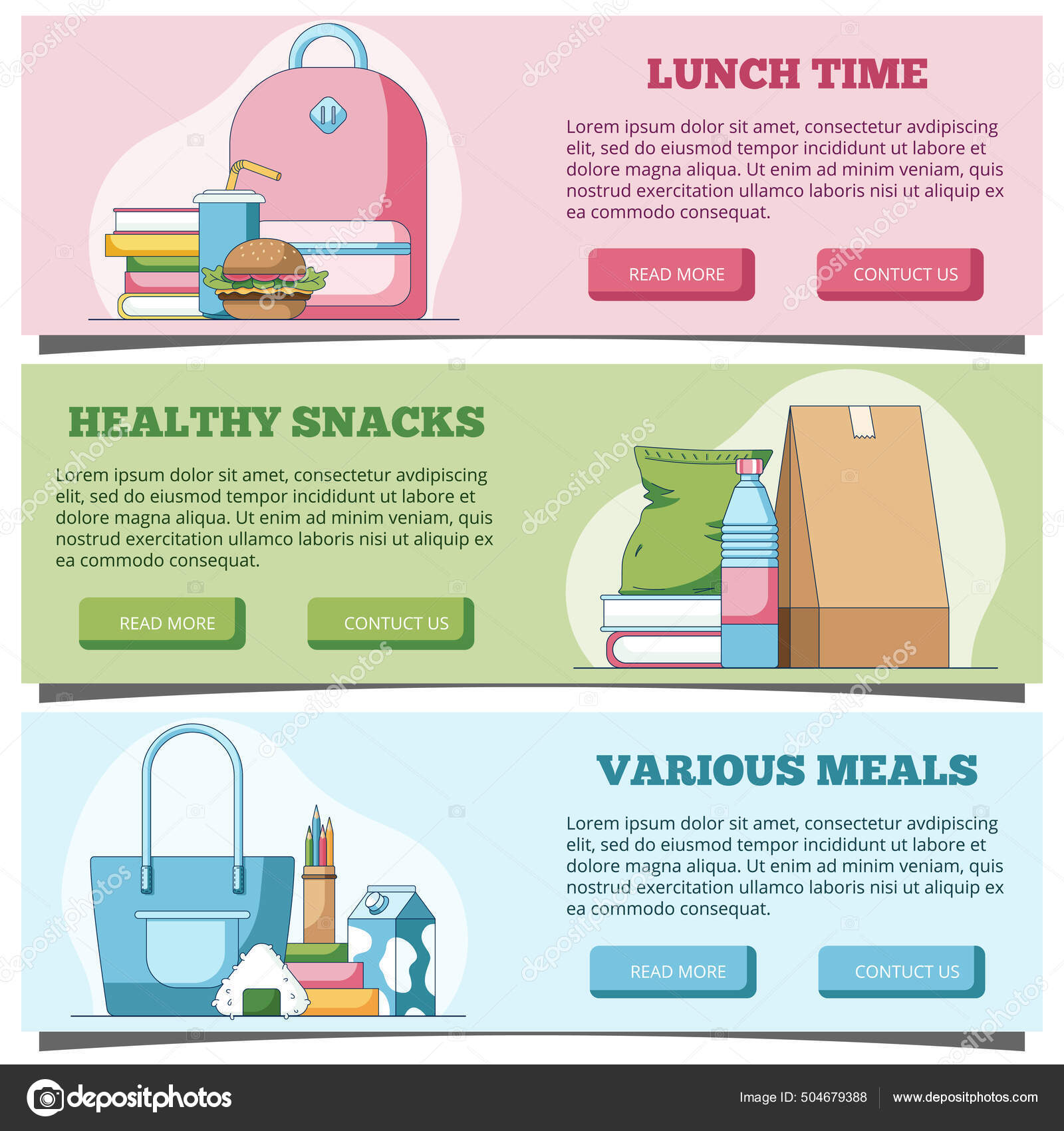 Lunch time Web Horizontal Banners in a flat style Vector Illustration ...