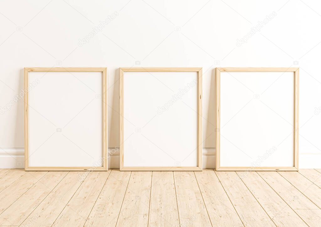 Triple 8x10 Marco de madera vertical maqueta en suelo de madera y pared ...