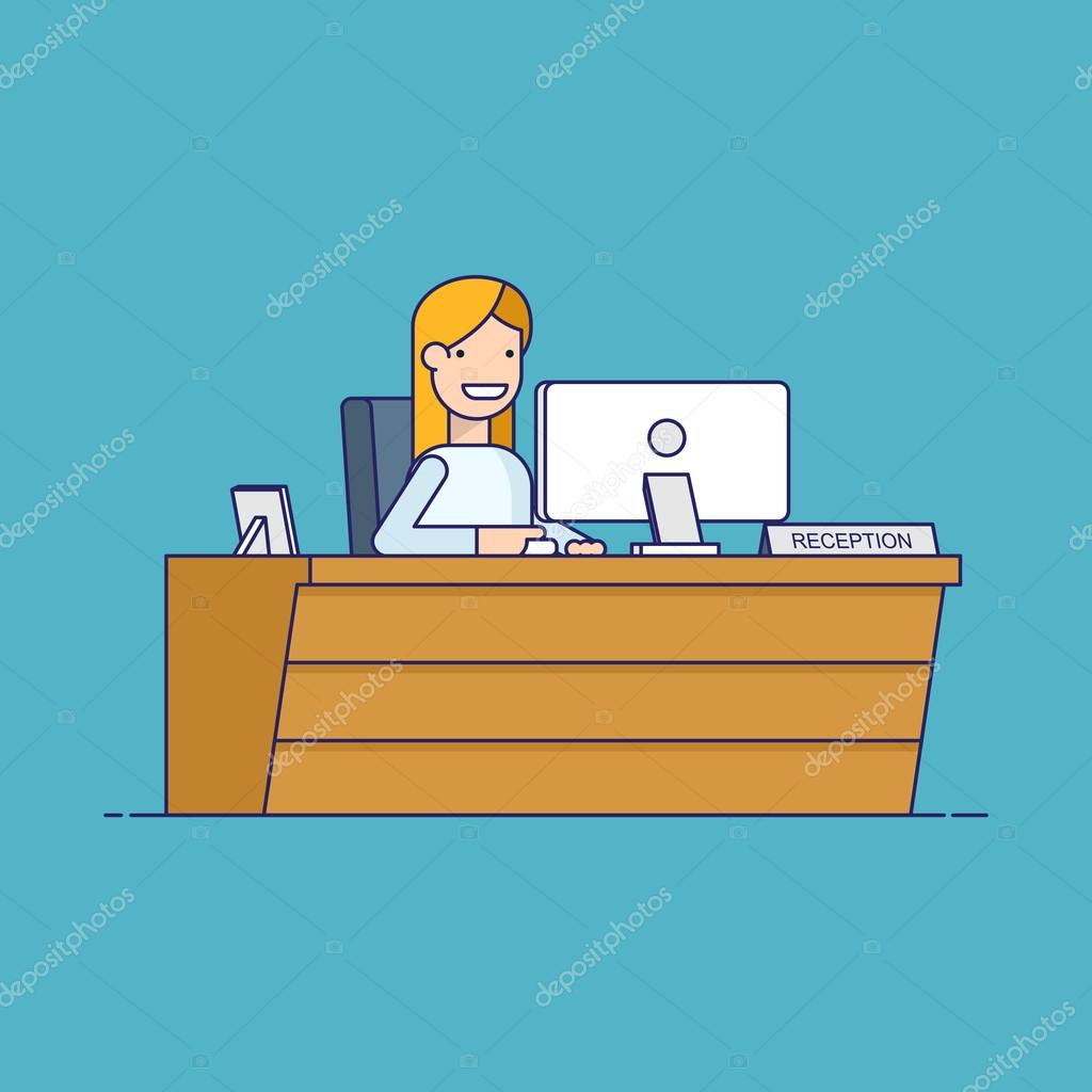 Sonriente Ejecutiva De Dibujos Animados En Su Escritorio En La Oficina