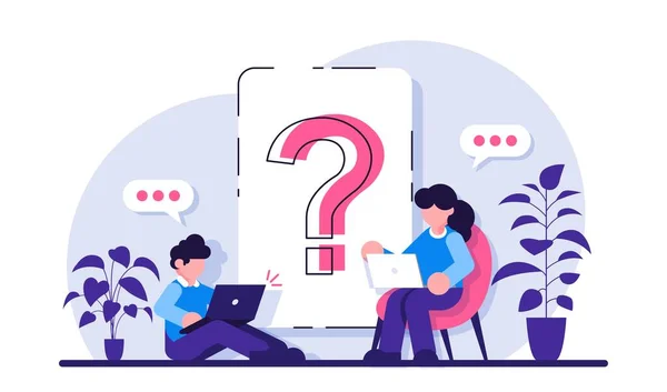 Question mark on document. Business woman and man asking questions ...