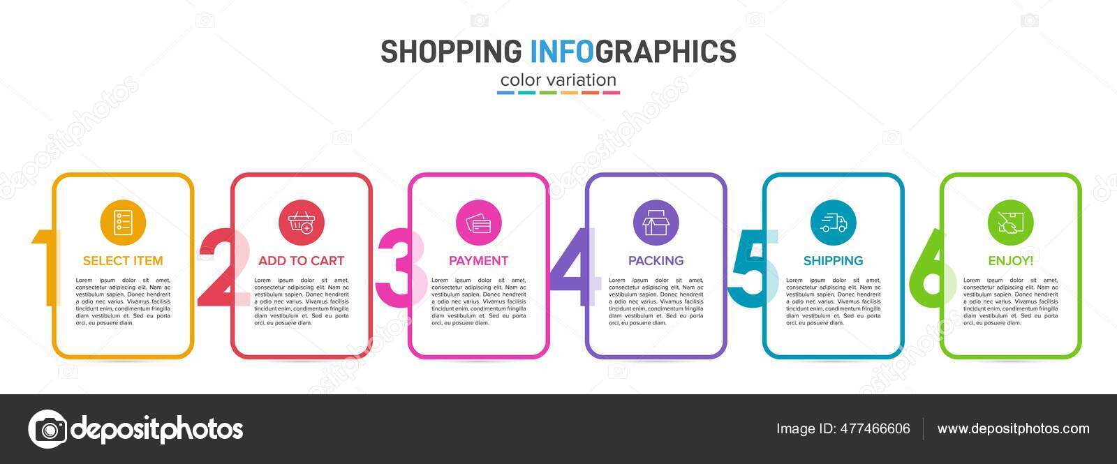 Concept of shopping process with 6 successive steps. Six colorful ...