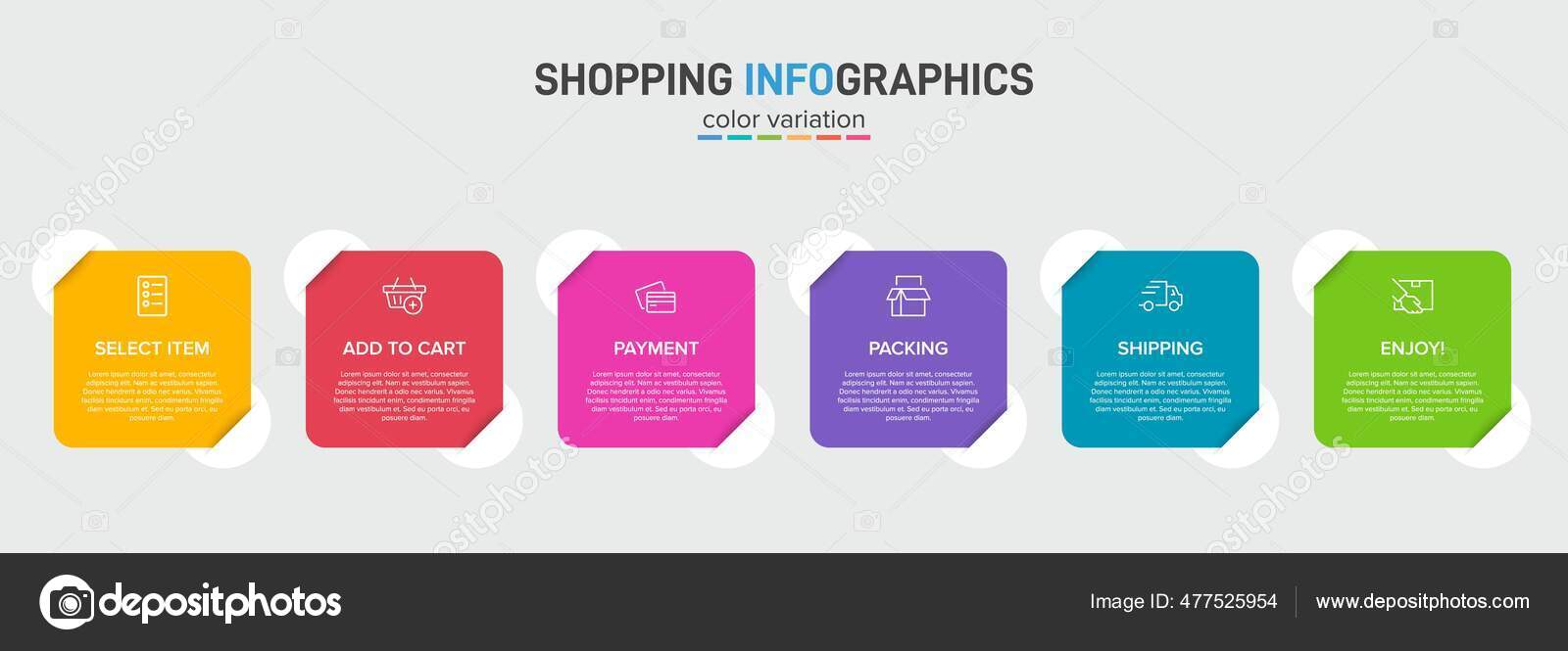 Concept of shopping process with 6 successive steps. Six colorful ...