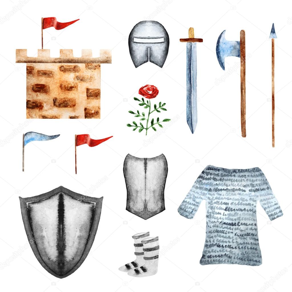 Watercolor medieval knight objects collection Stock Photo by ...