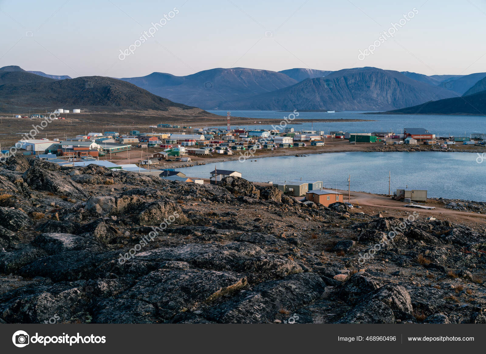 Dusk Harsh Arctic Landscape Bare Hills Ocean Overlook Inuit Settlement ...