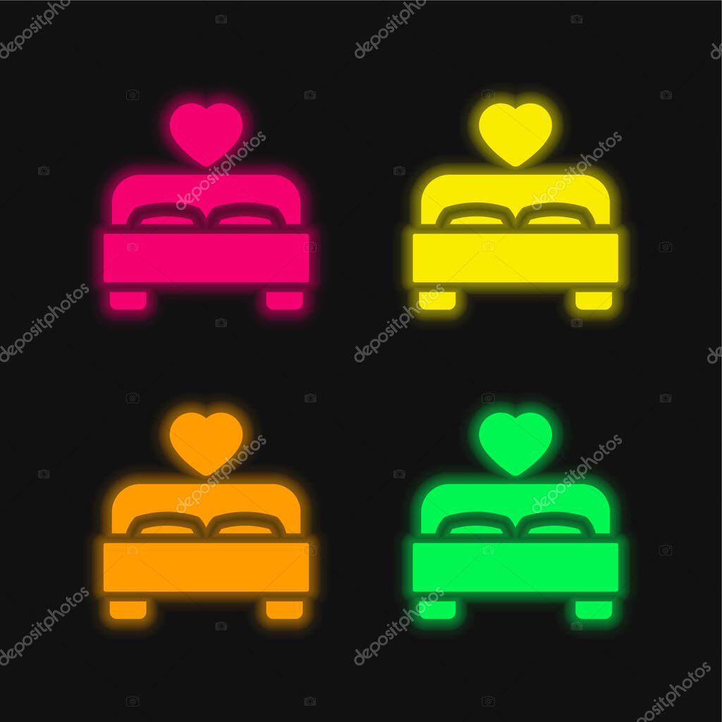 Cama de cuatro colores brillante icono del vector de neón 2024