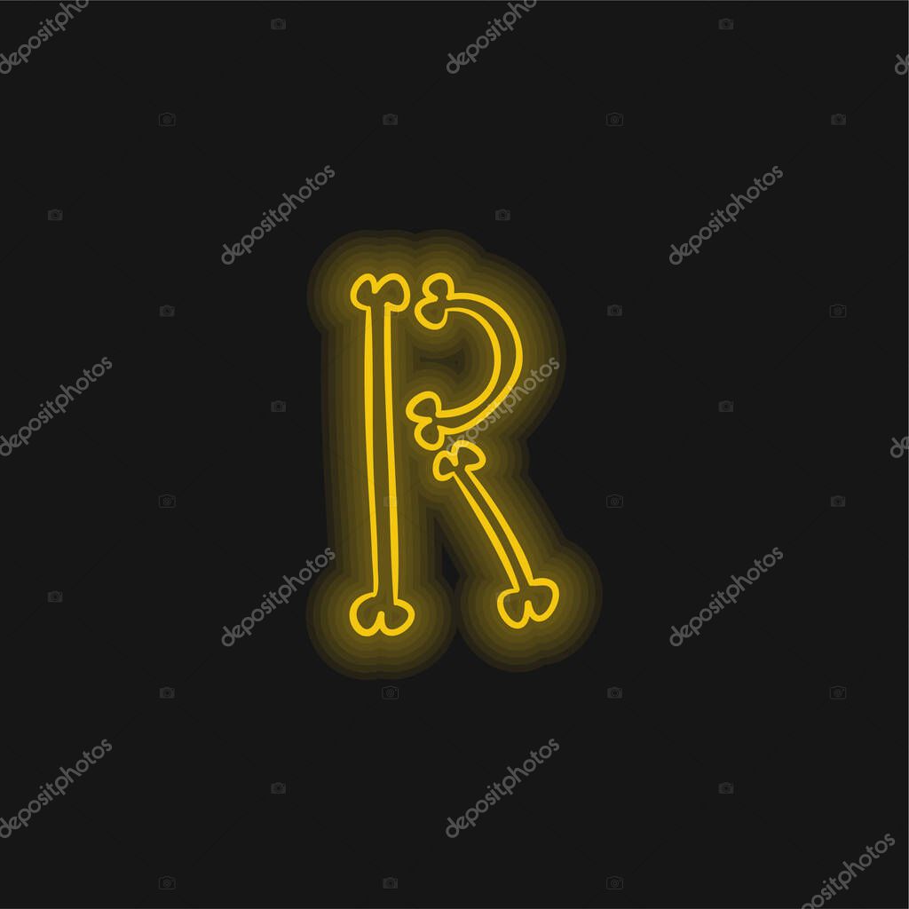 Tipografía ósea Esquema de la letra R amarillo brillante icono de neón 2024