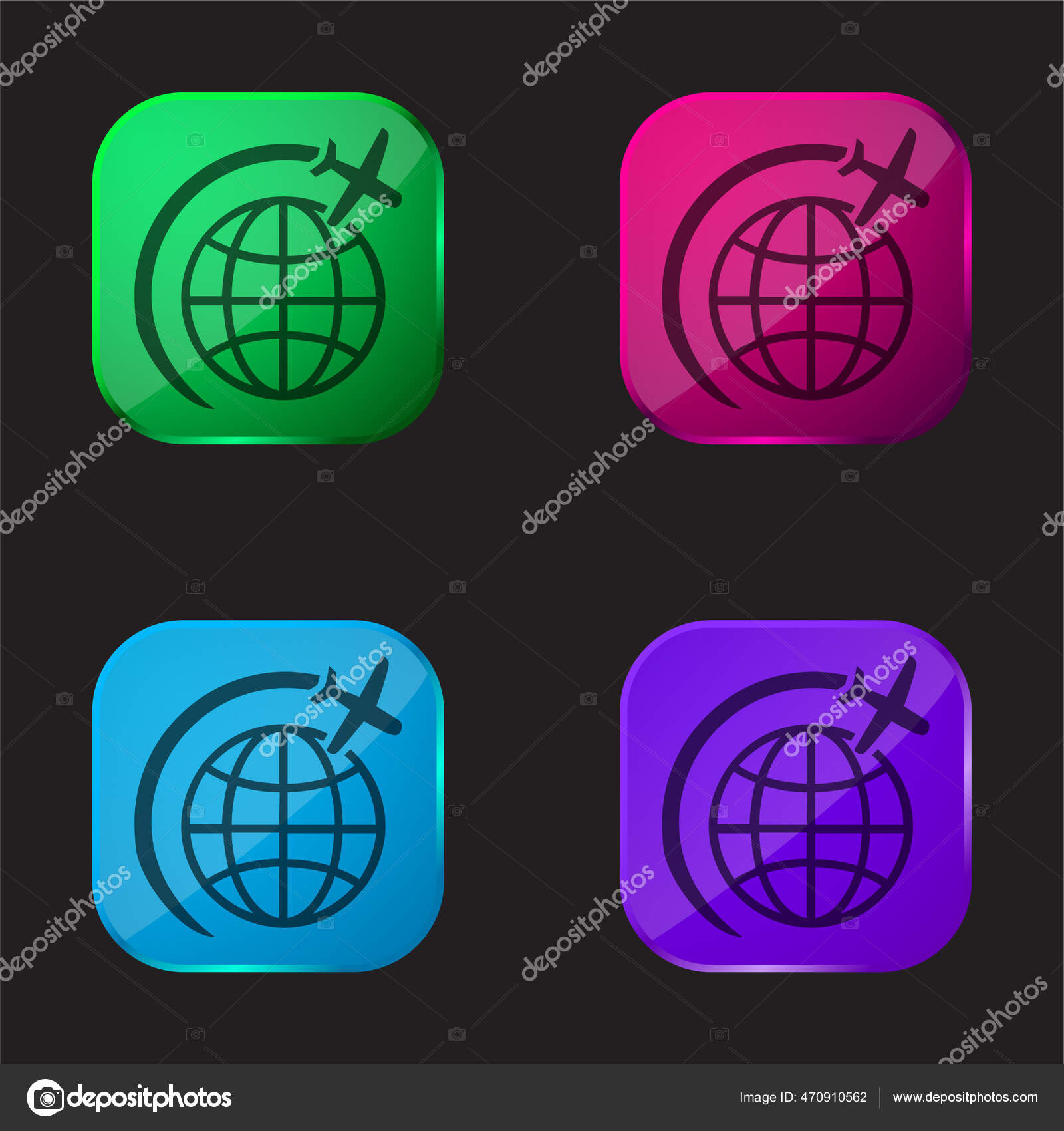 Airplane Flight Circle Earth Four Color Glass Button Icon Stock Vector ...