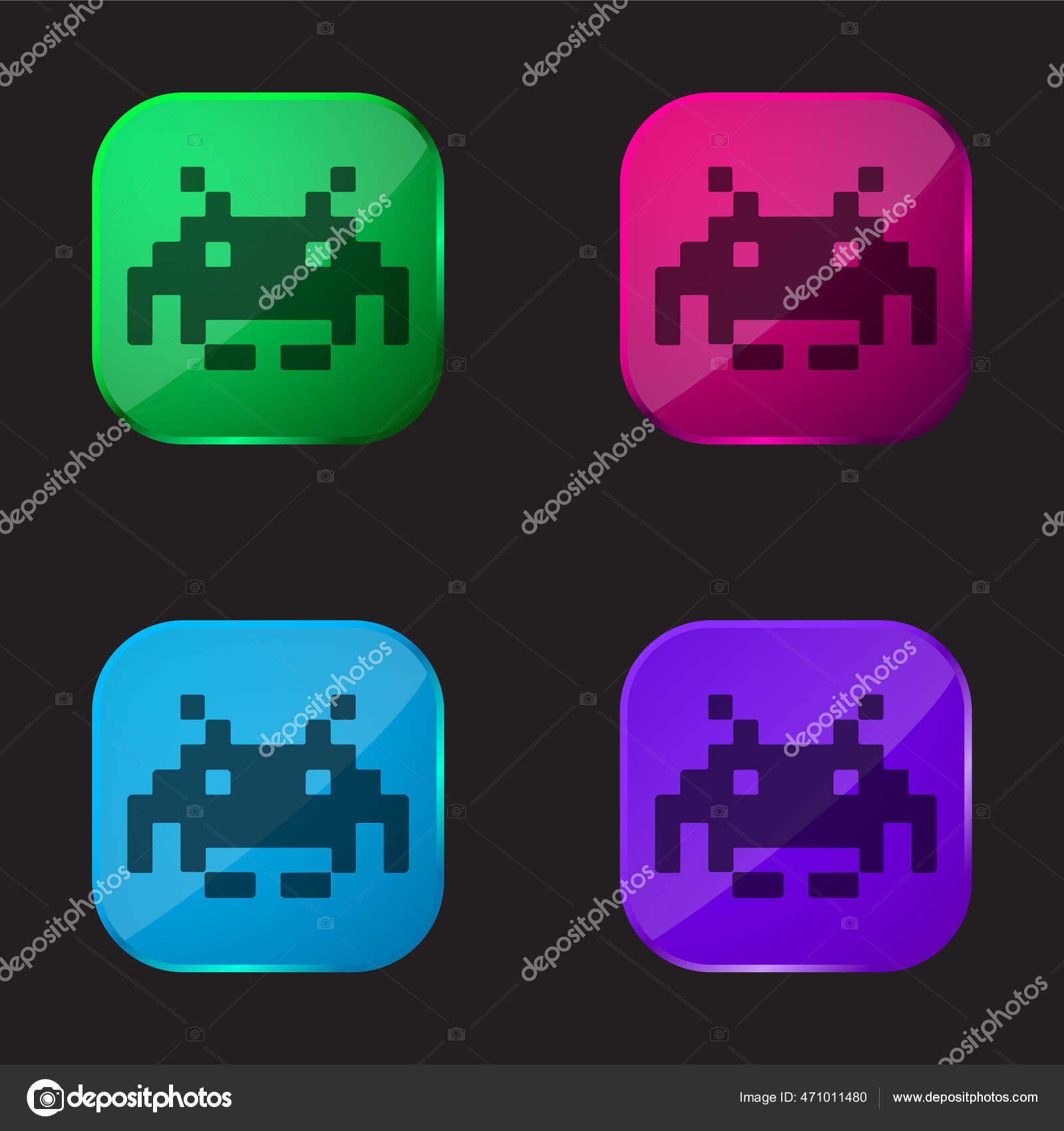 Alien Pixelated Shape Digital Game Four Color Glass Button Icon Stock ...