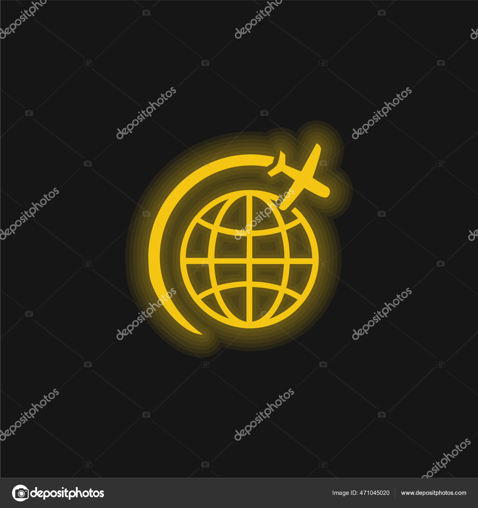 Airplane Flight Circle Earth Yellow Glowing Neon Icon Stock Vector by ...