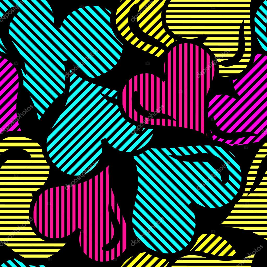 Psychedelic hearts on a black background geometric abstract pattern ...