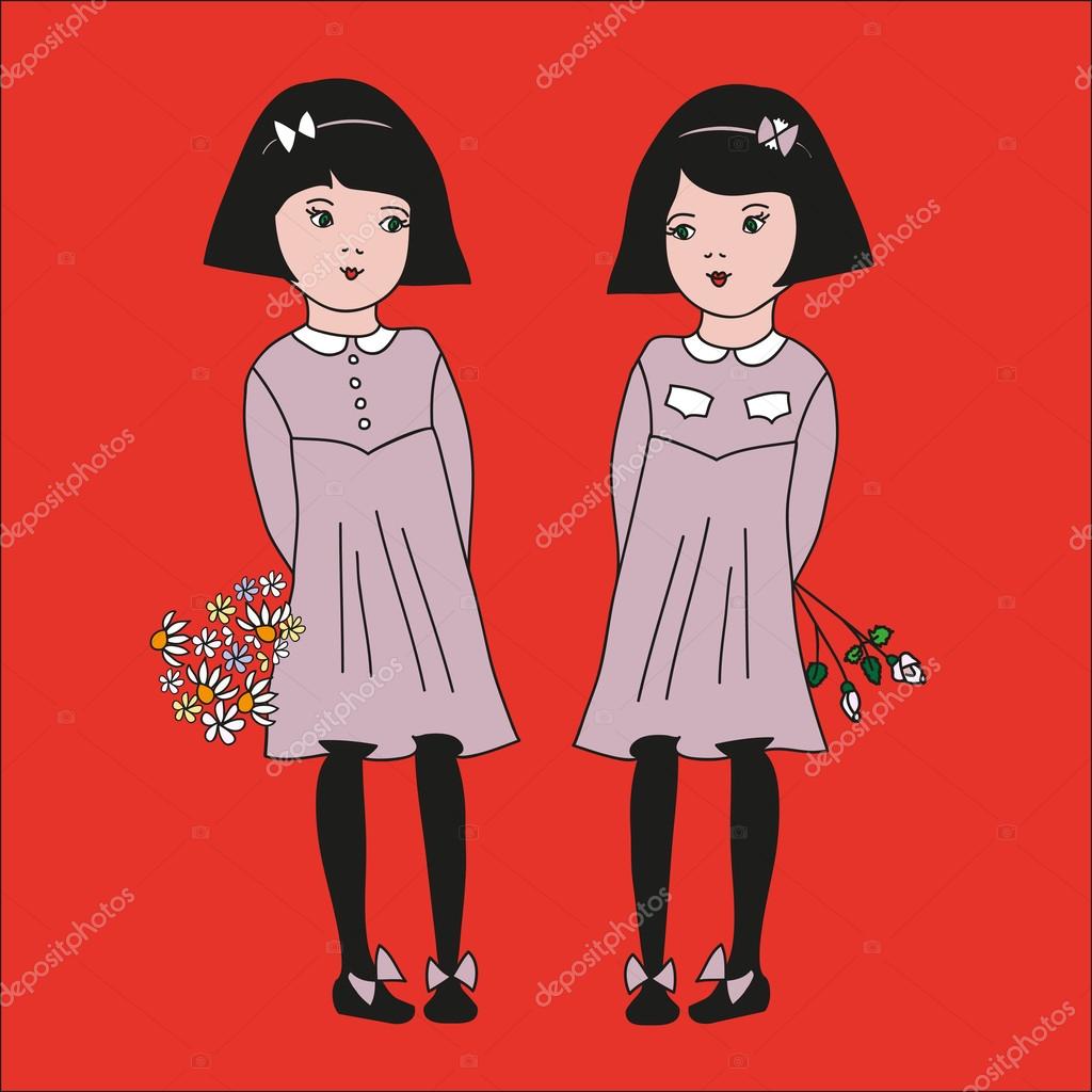 Beautiful twins girls with flowers on red background Stock Vector by ...