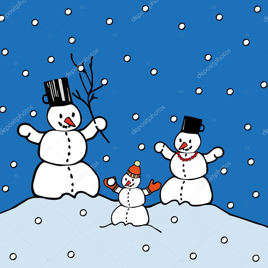 Ilustración vectorial con muñecos de nieve de dibujos animados familia ...