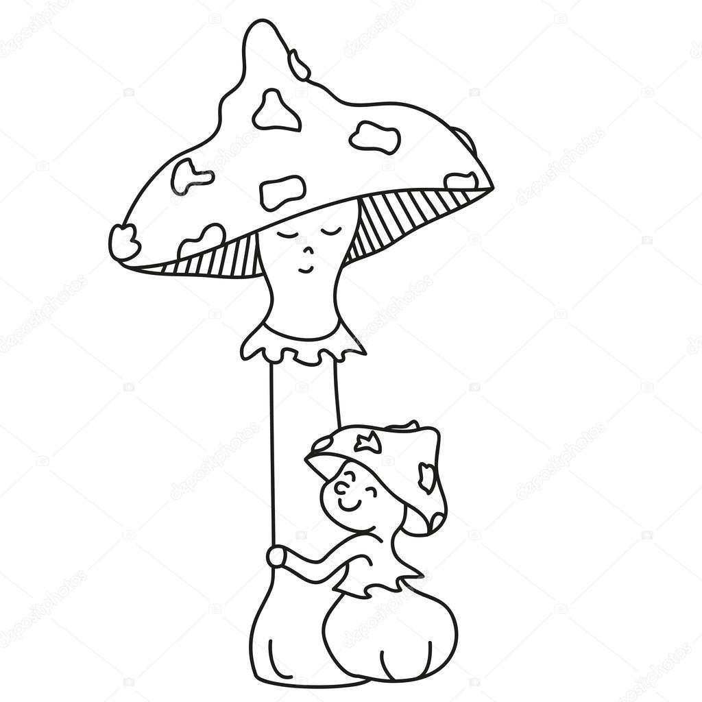 Toadstool mom and her baby in bracken hand drawn outline Stock Vector ...