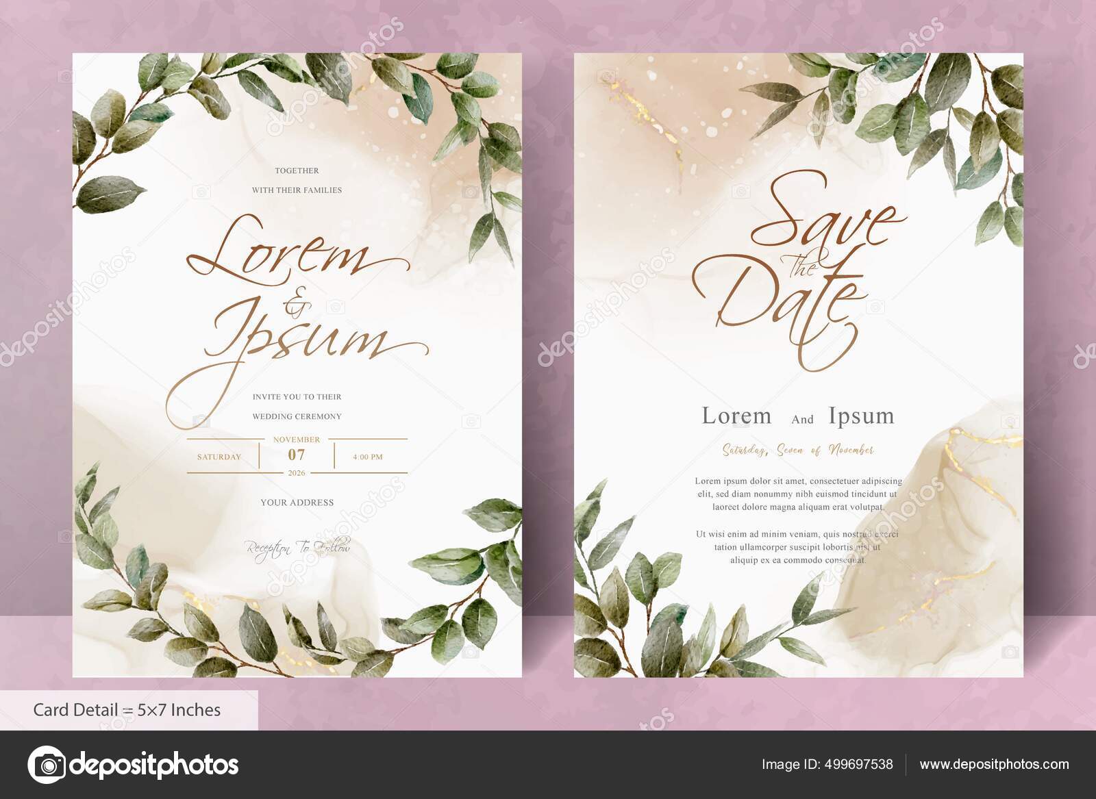 Sæt Elegant Blomsterramme Bryllup Invitation Skabelon Med Grønne ...