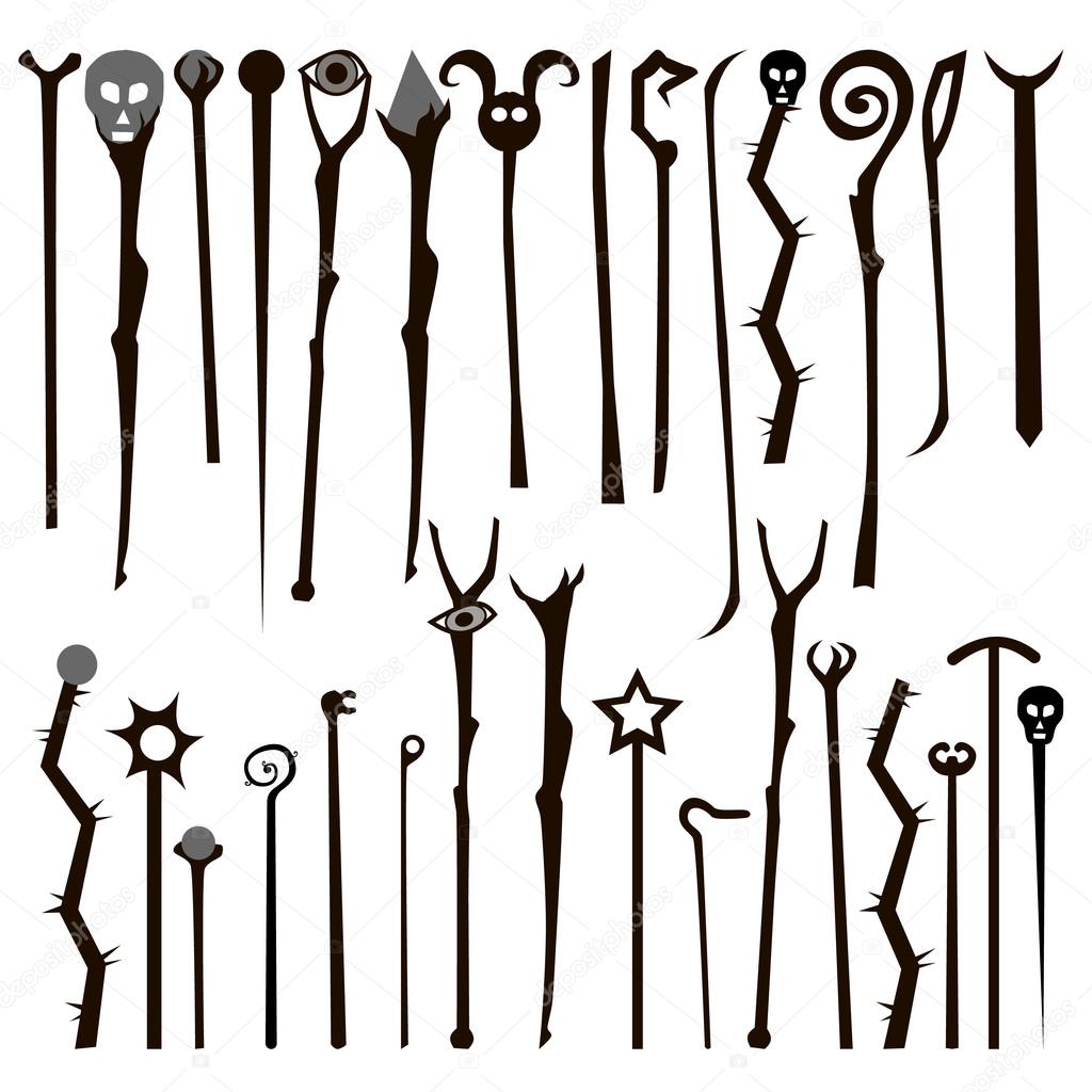 Wooden magic staff | Set magic wooden staff silhouette — Stock Vector ...