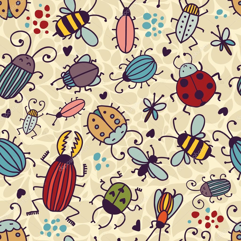 Cartoon insects and beetles pattern — Stock Vector © martynmarin #107160386