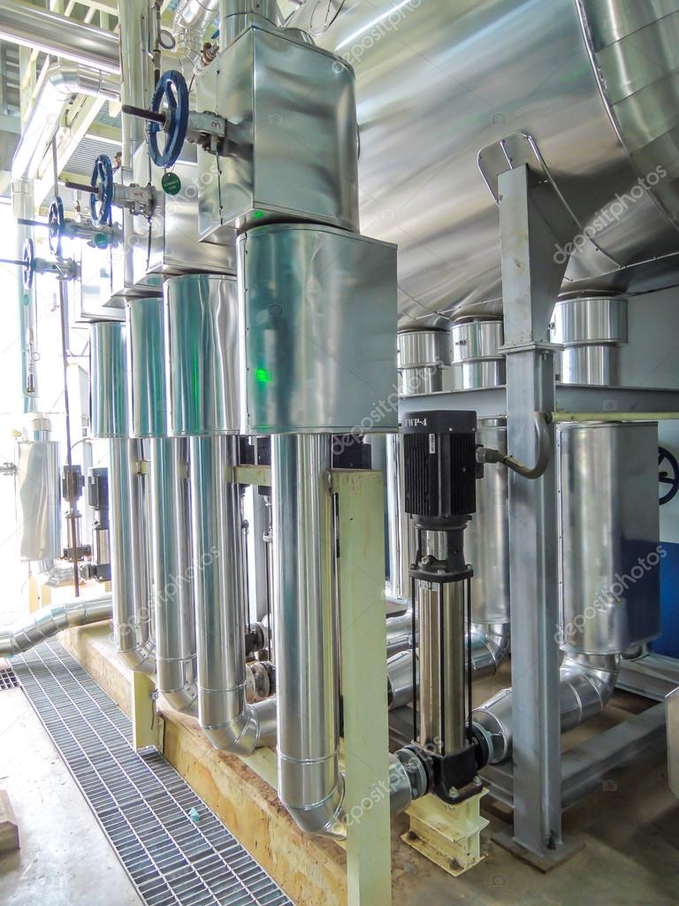 Process Boiler steel piping hot water steam in room for industry ...