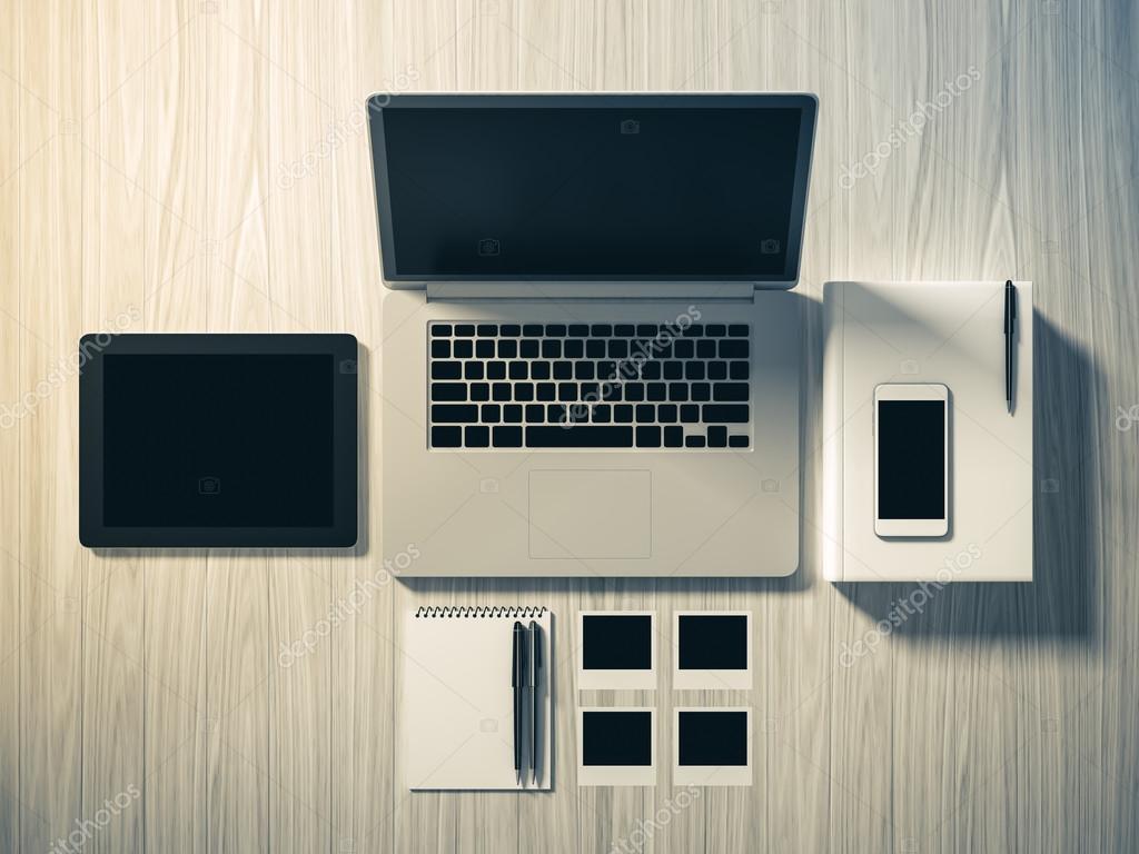 High angle view of a setting table of business workplace. — Stock Photo ...