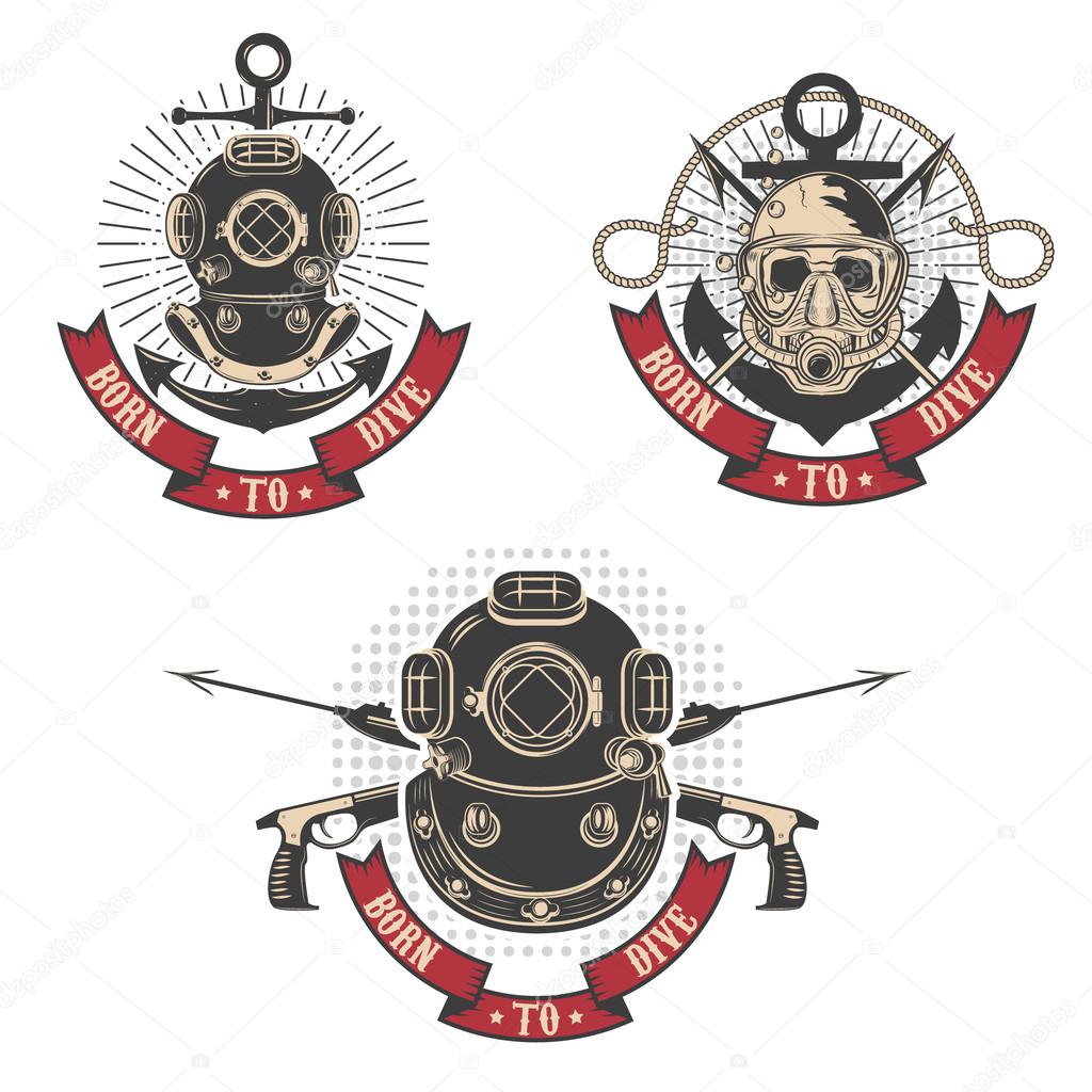 Born to dive. Set of diving club labels templates. Vintage diver Stock ...