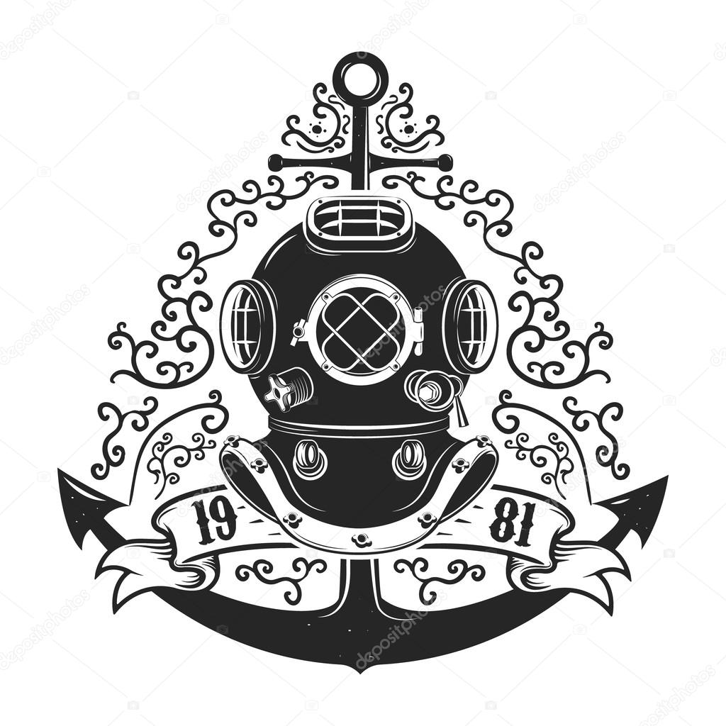 Vintage style diver helmet with anchor isolated on white backgr Stock ...