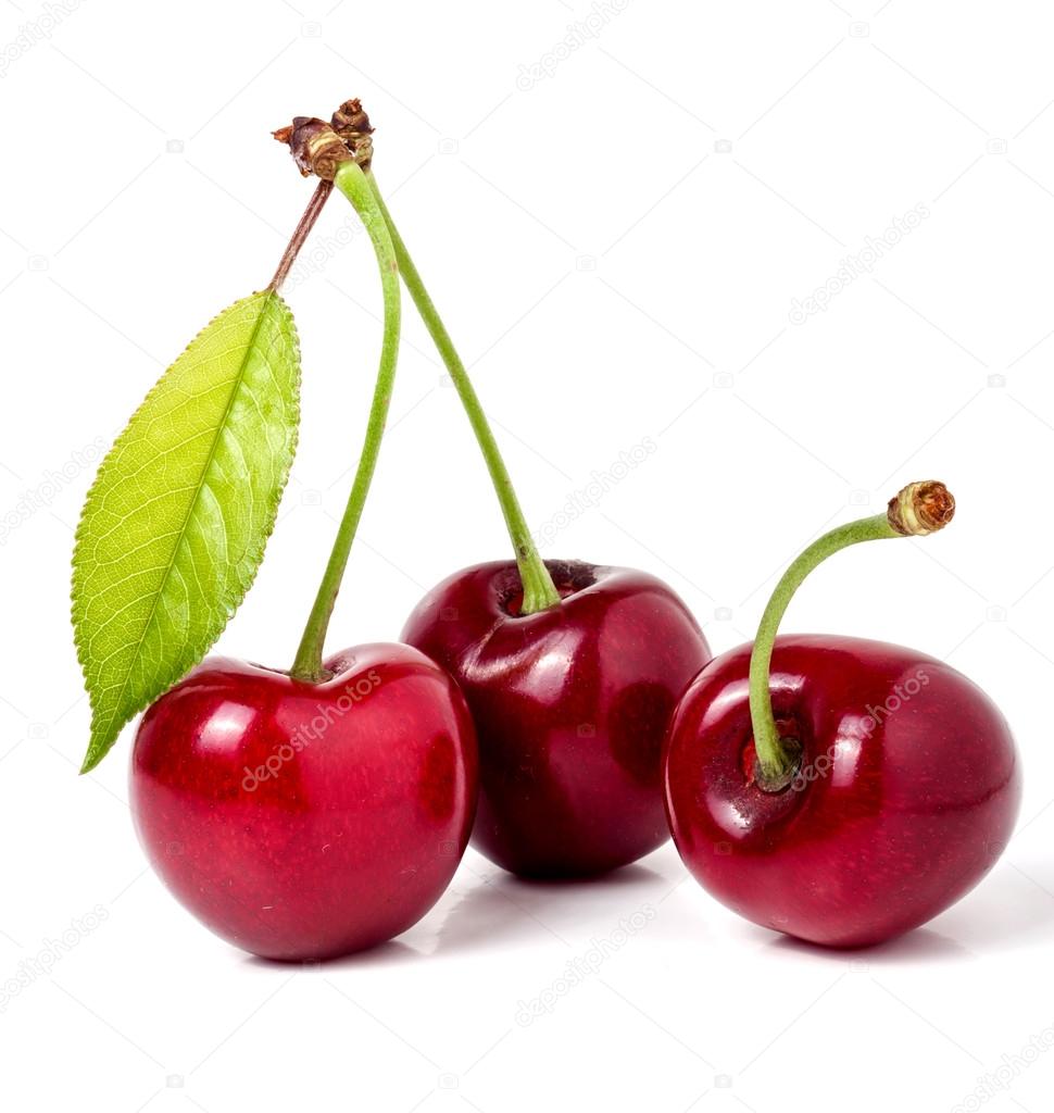 Three cherries with leaf closeup isolated on white background — Stock ...