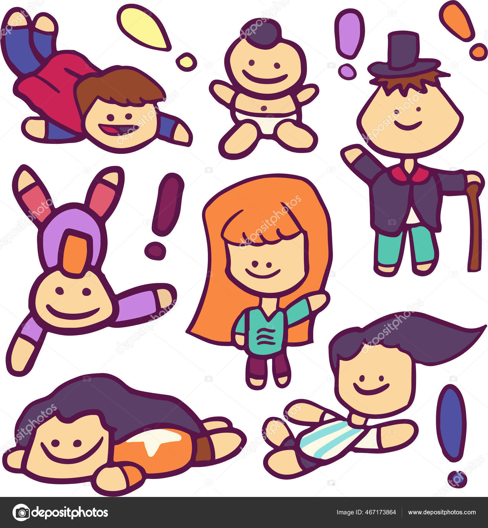 Set Little Cartoon Characters Posing Differently Happy Smiling Face ...