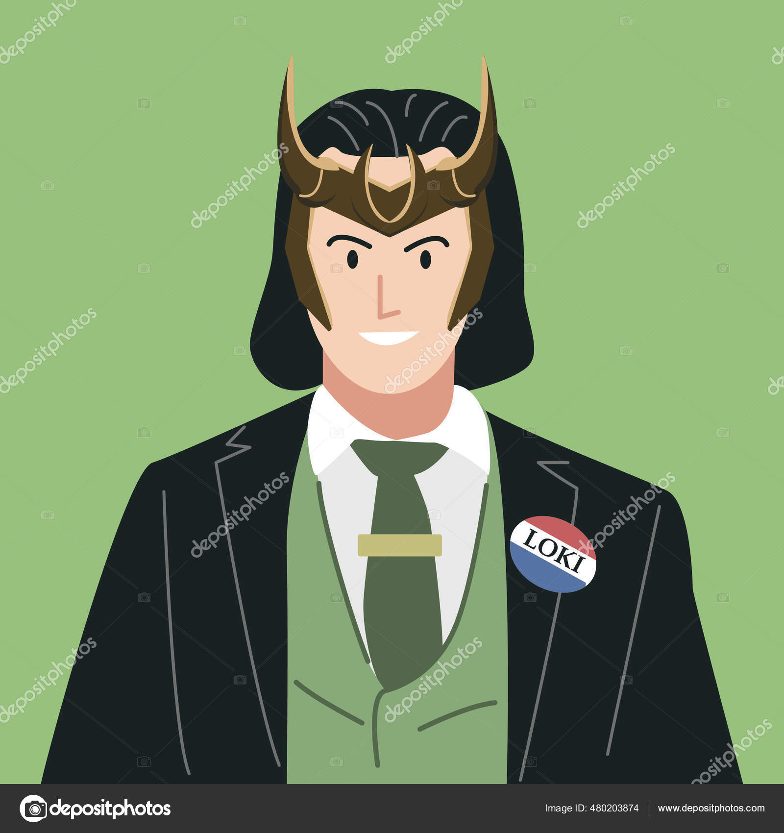 Loki Cartoon Portrait Wearing Formal Suit Green Background Stock Vector by ©MininyxDoodle 480203874