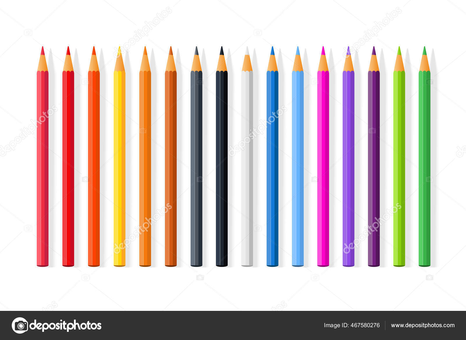 Set Realistic Color Pencils Shadow Isolated White Colorful Wooden ...