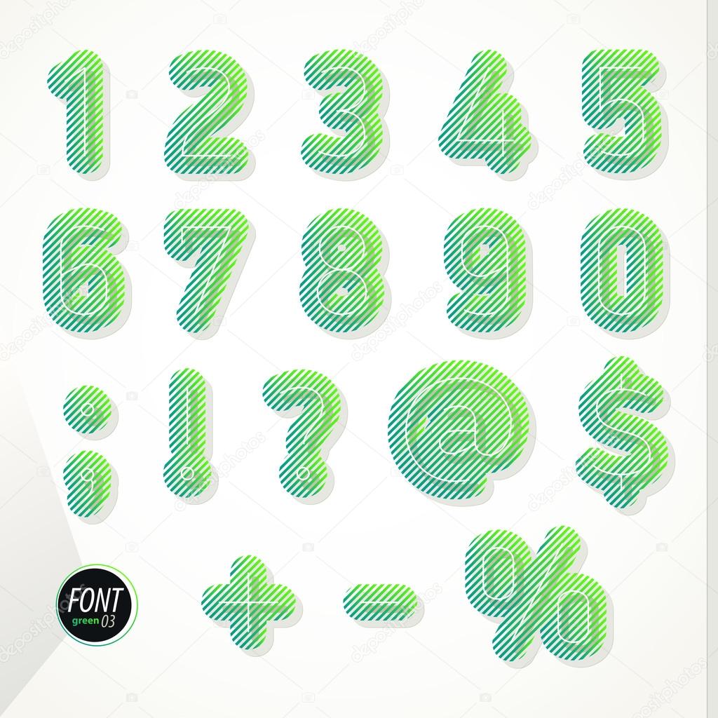 Green striped numbers. Translucent letters with slanted lines and flat ...