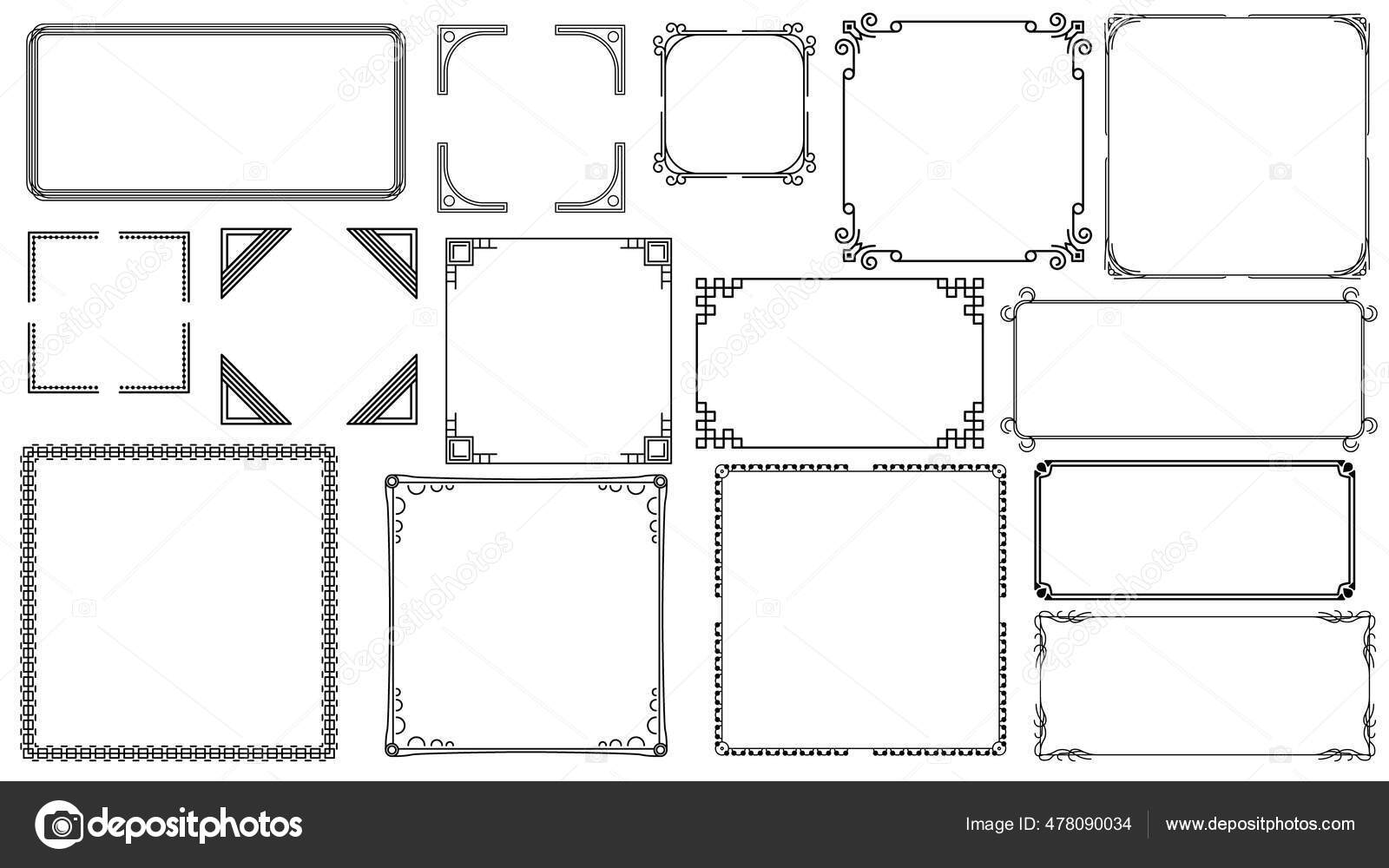 Set Black Simple Line Frame Collection Doodle Square Floral Frame Stock ...
