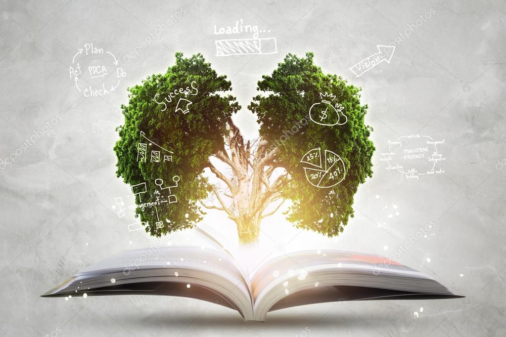 Book of growing knowledge with brains big tree. — Stock Photo ...