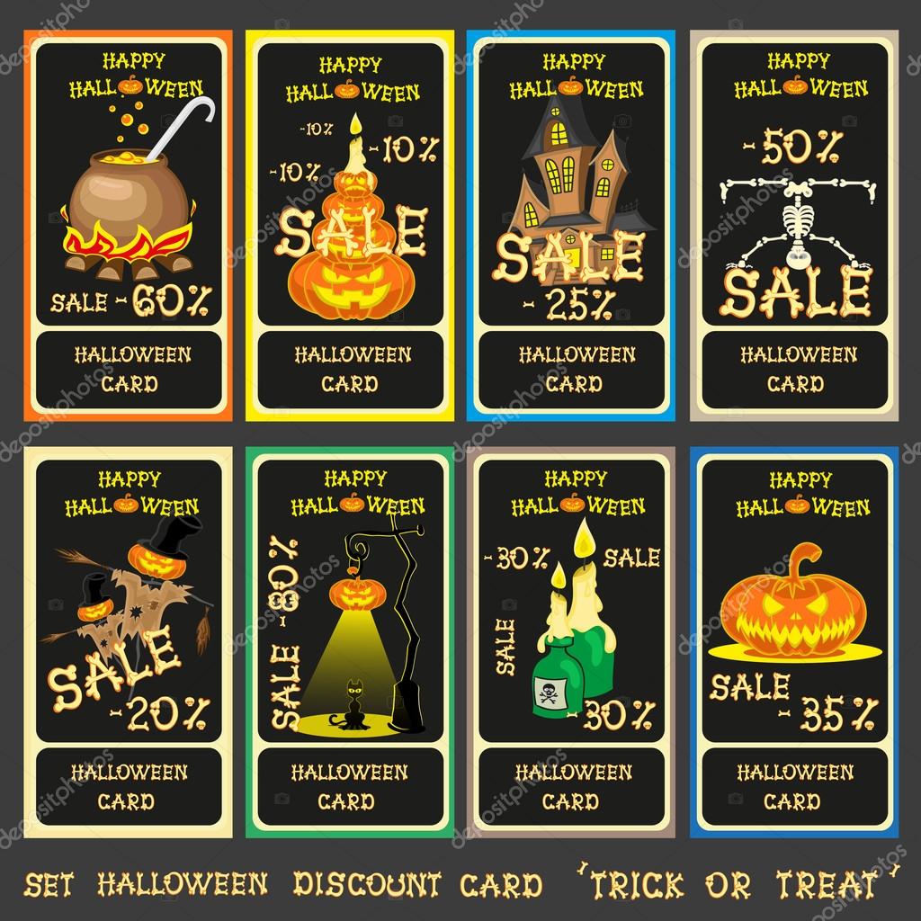 Set vector halloween tarjeta de descuento con calabazas, esqueleto ...