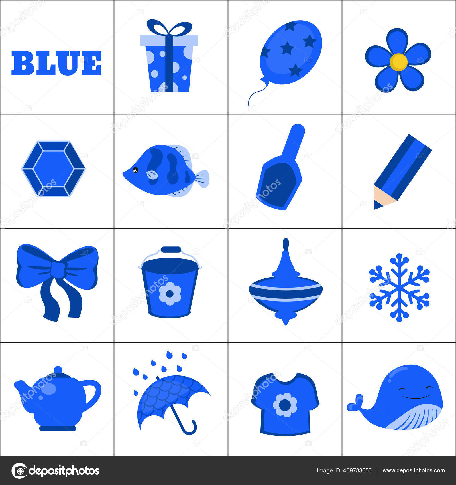 Aprende Color Objetos Azules Oscuros Conjunto Educativo Ilustración ...