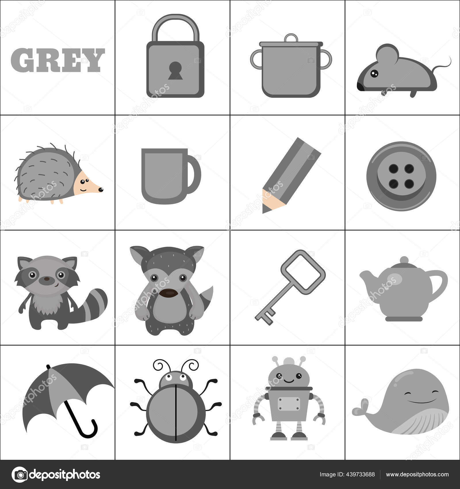 Aprende Color Objetos Grises Conjunto Educativo Ilustración Colores ...