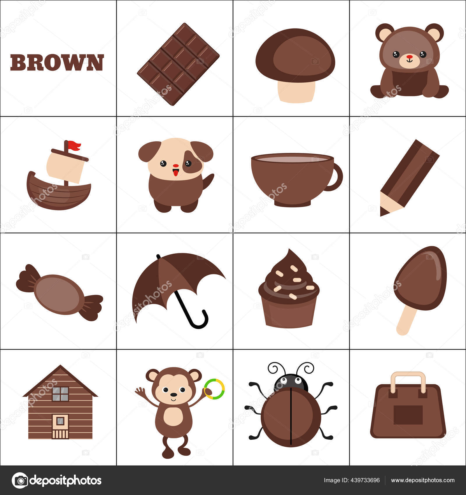 Aprende Color Objetos Marrones Conjunto Educativo Ilustración Colores ...