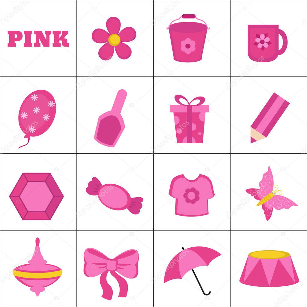 Aprende el color. Objetos rosas. Conjunto educativo. Ilustración de ...