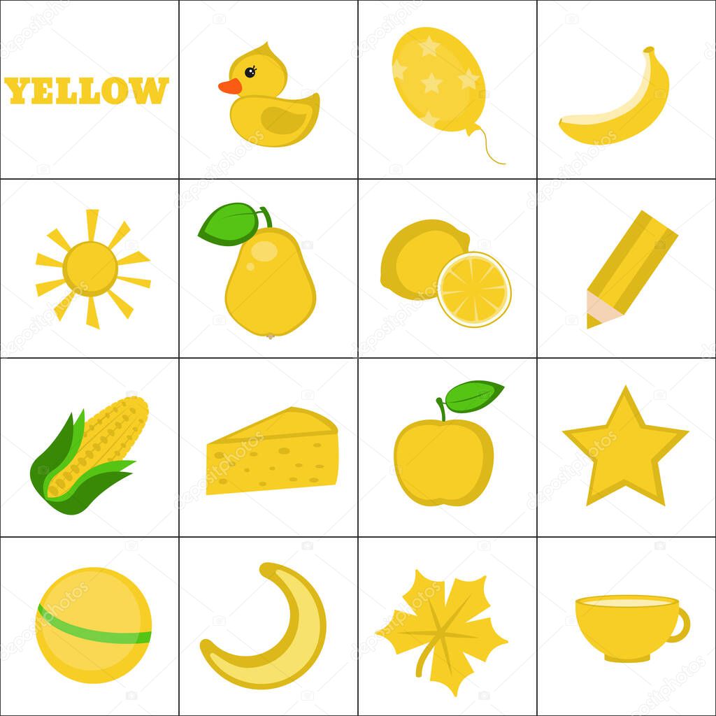 Aprende el color. Objetos amarillos. Conjunto educativo. Ilustración de ...