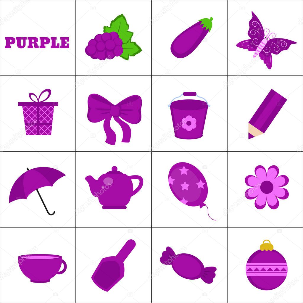 Aprende el color. Objetos morados. Conjunto educativo. Ilustración de ...