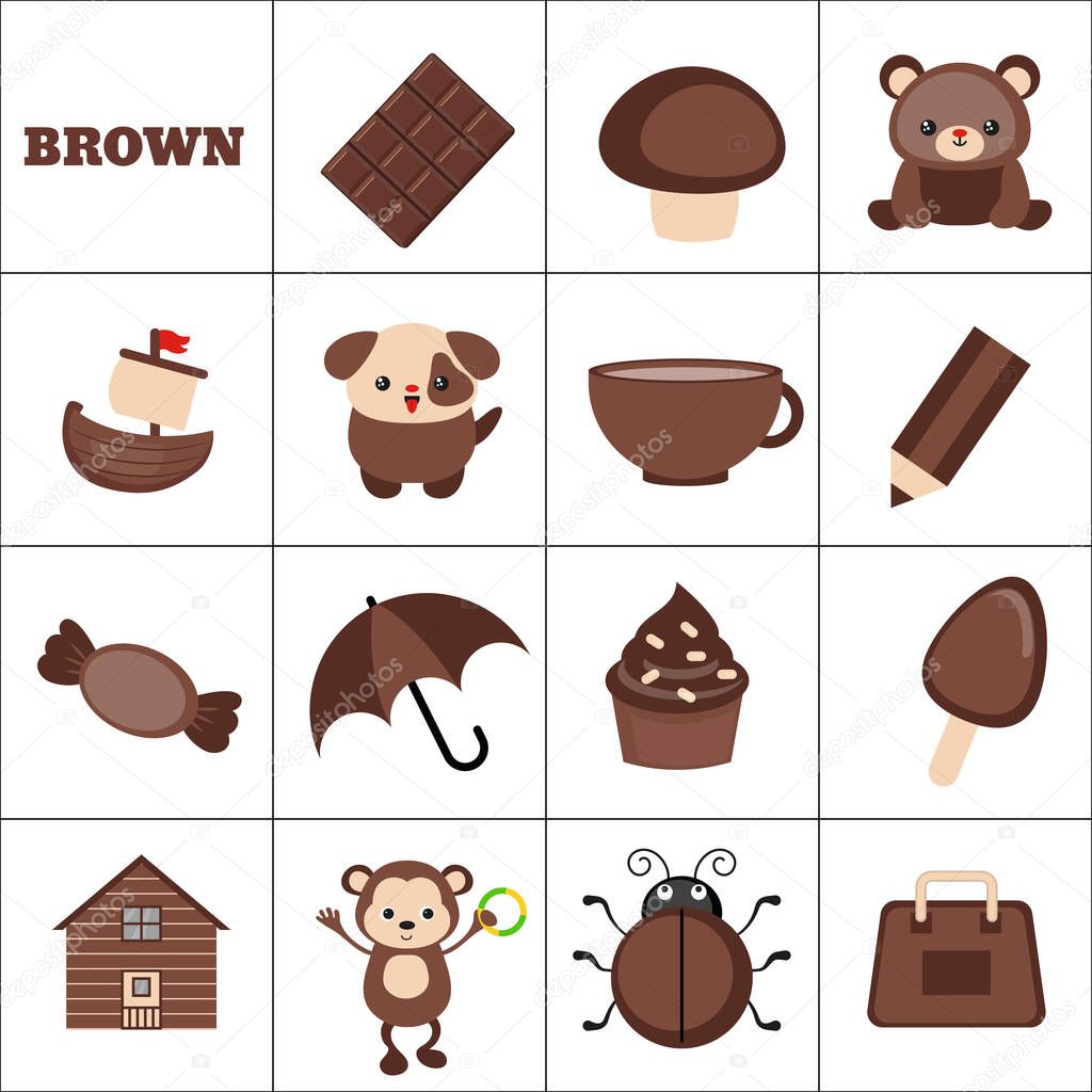 Aprende el color. Objetos marrones. Conjunto educativo. Ilustración de ...