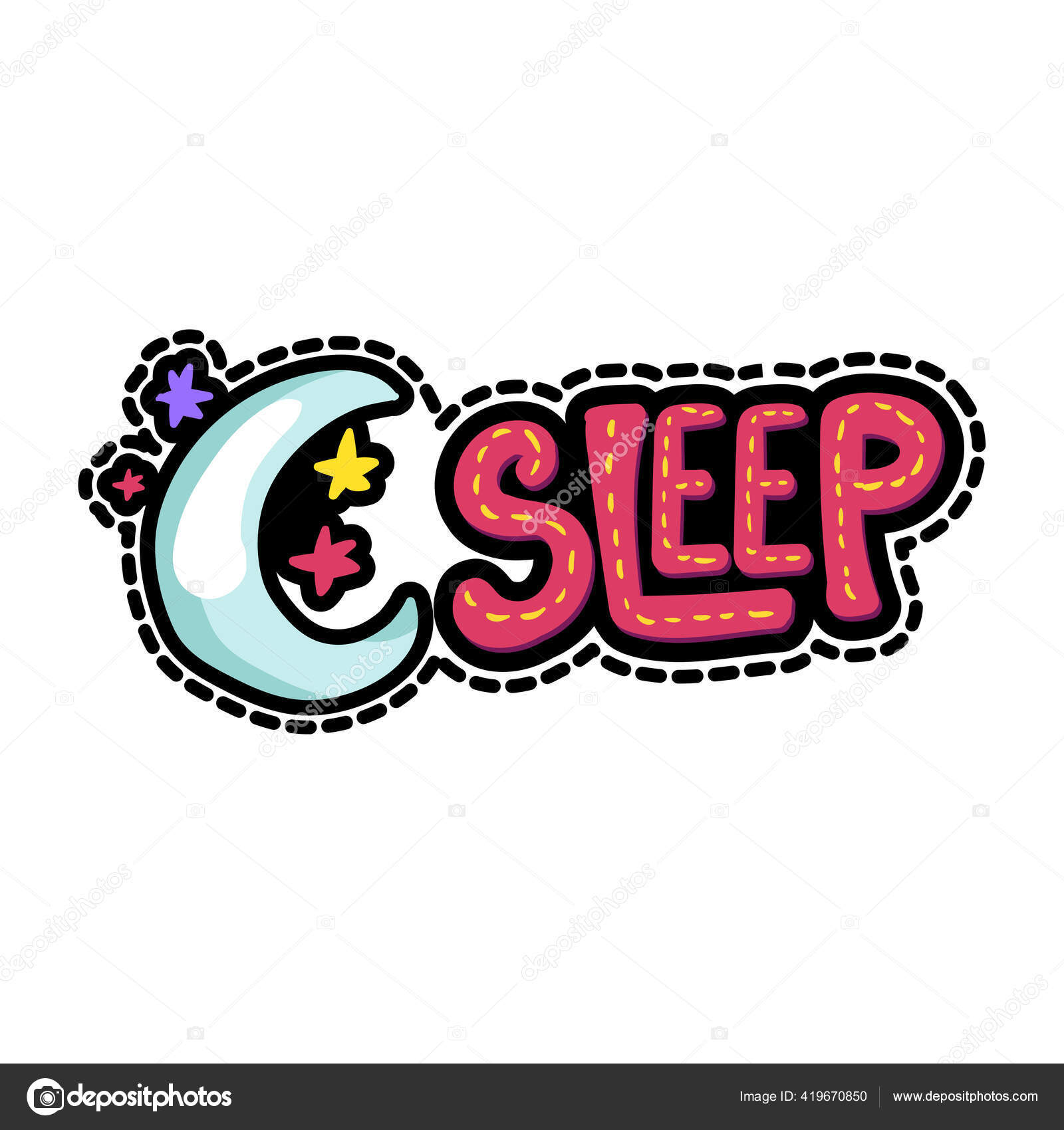 Moon Stars Sleep Lettering Sticker Bedtime Stitched Frame Clipart Night ...