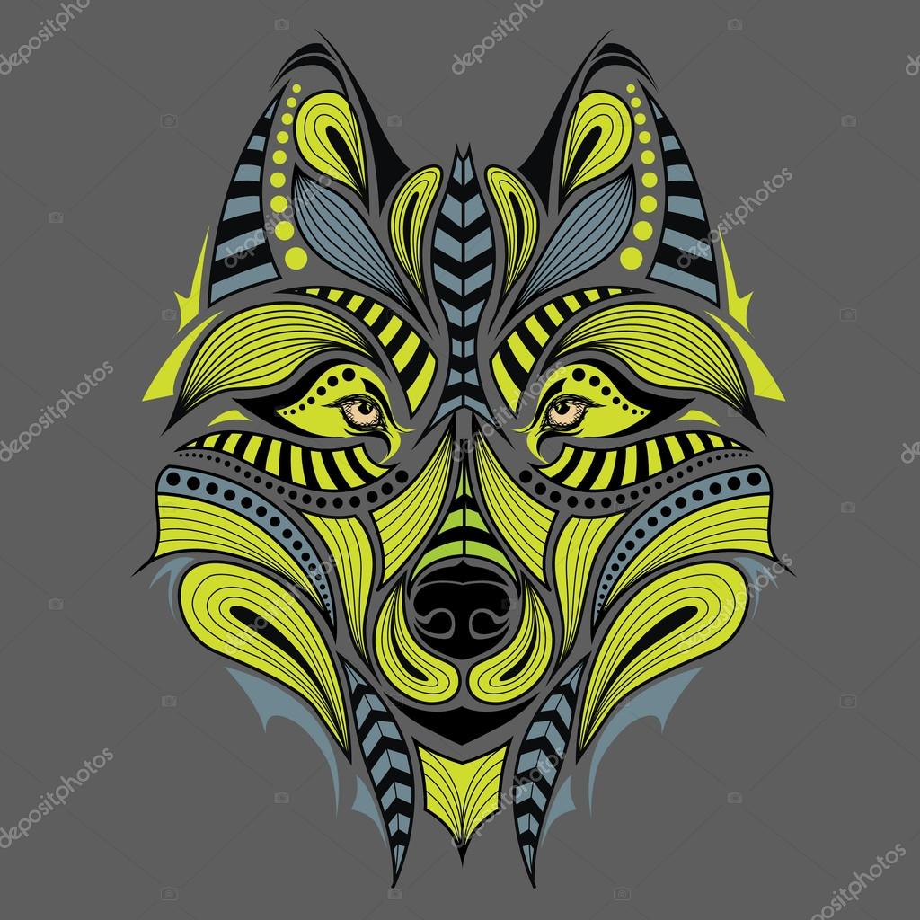 Cabeza de color modelado del lobo. Diseño africano / indio / tótem ...