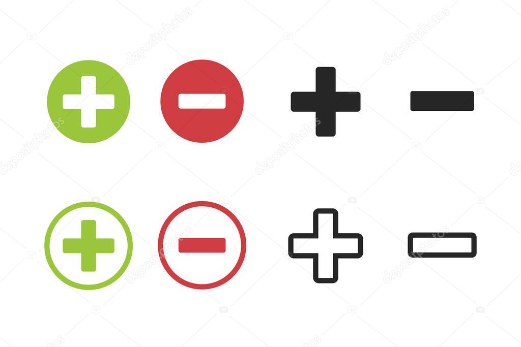 Colección de iconos de más, menos. Conjunto de añadir aislado, restar ...
