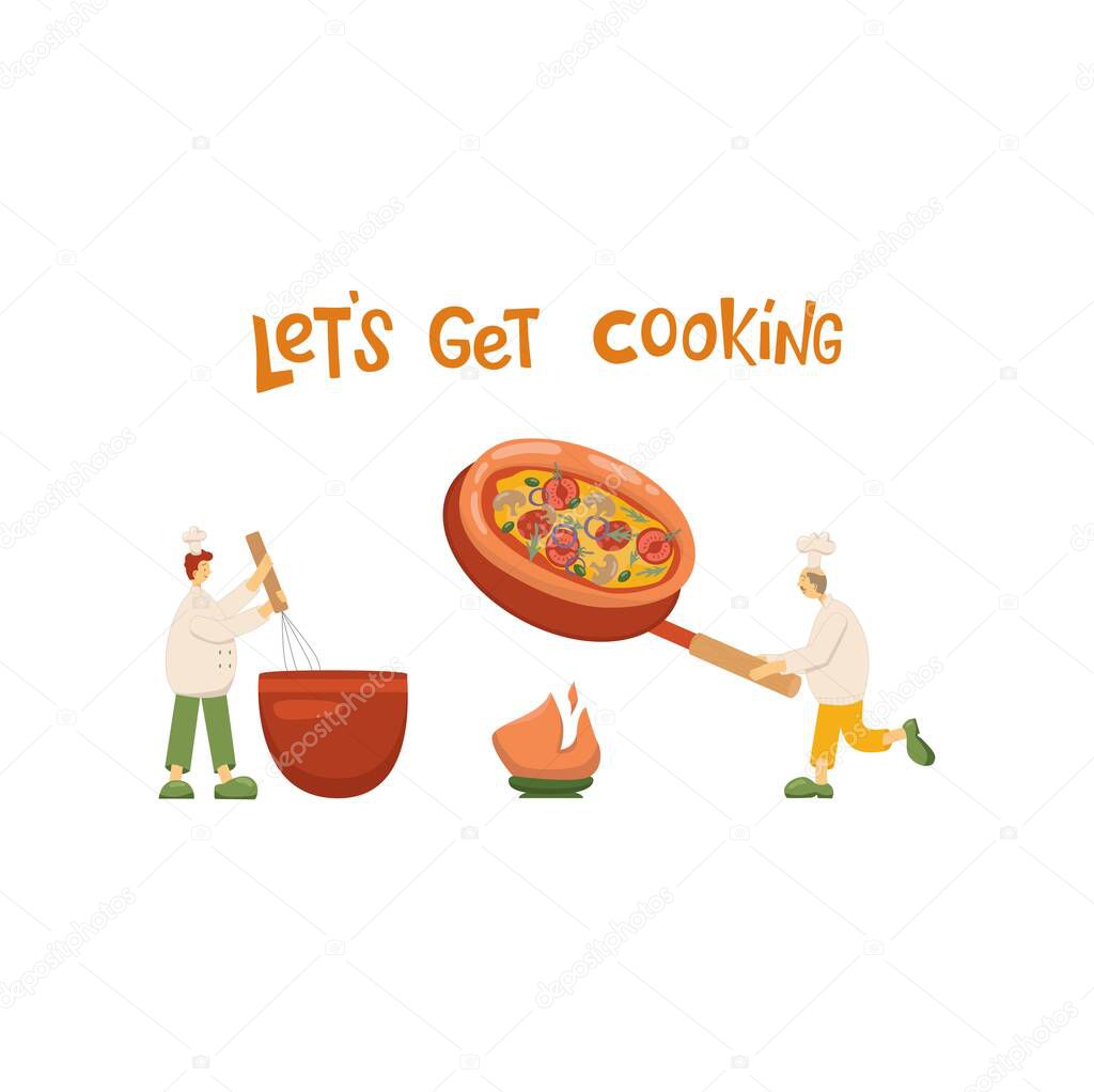 Ilustración de pizza con letrero de cocinero y letras Vamos a cocinar ...