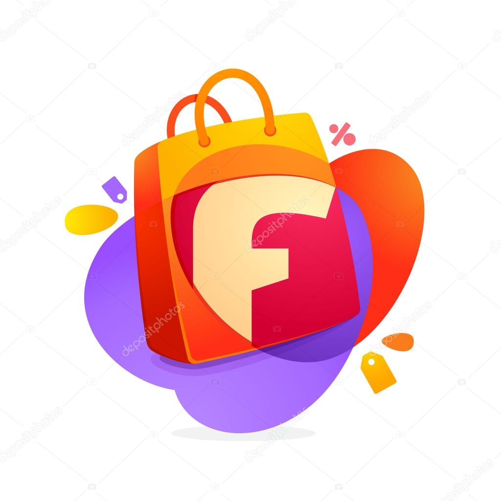 F letter with shopping bag icon and Sale tag. Stock Vector Image by ...