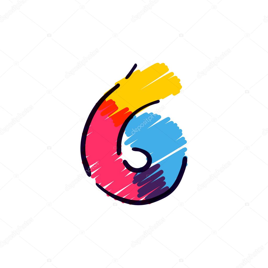 Logotipo Número Seis Dibujado Mano Con Lápices Colores Fuente Infantil ...