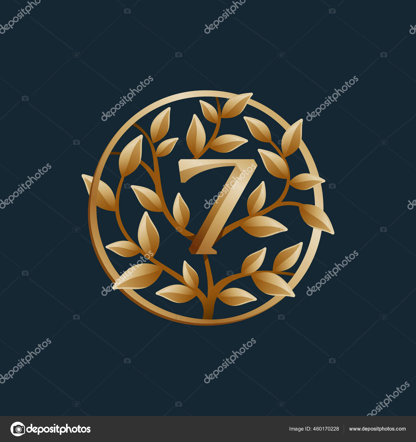 Golden Tree Number Seven Logo Vintage Circle Vector Emblem Premium ...